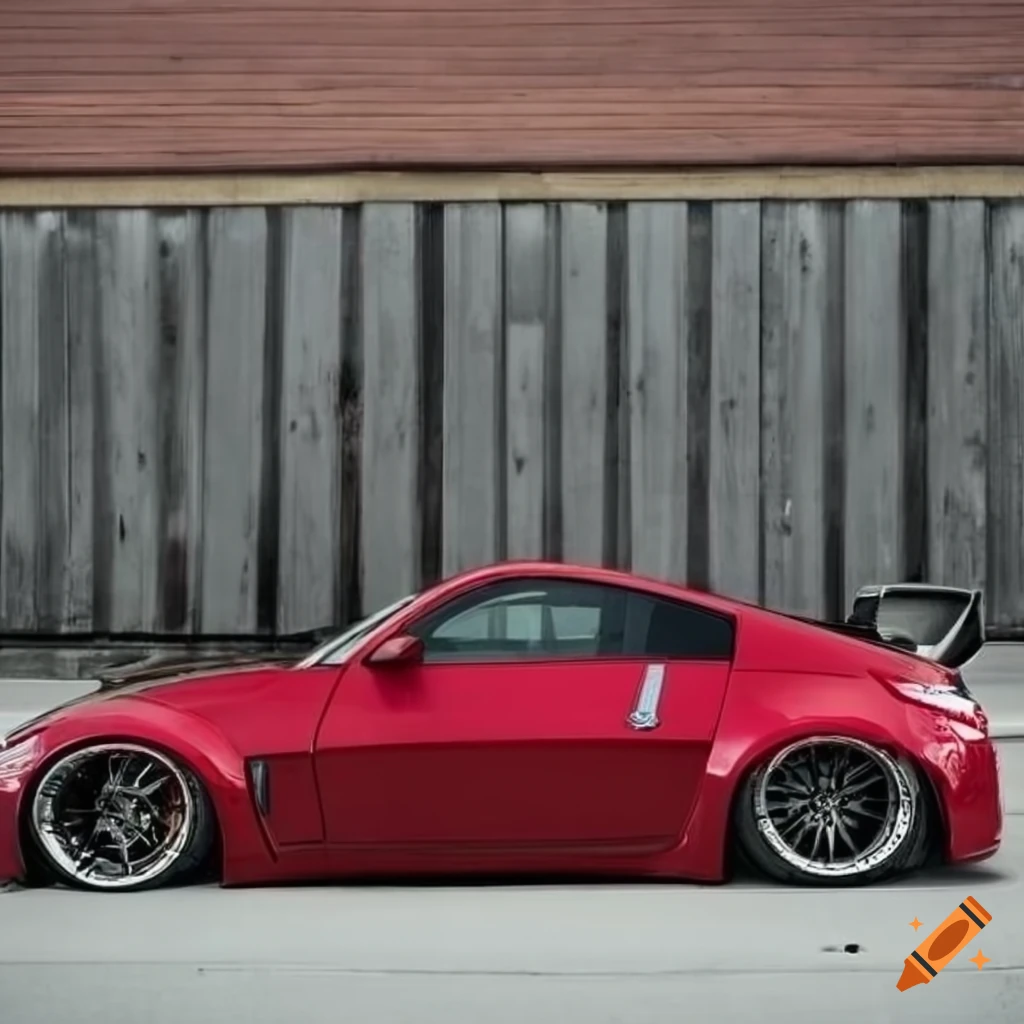 Dark red Nissan 350z with lowered bodykit and deep rims on Craiyon