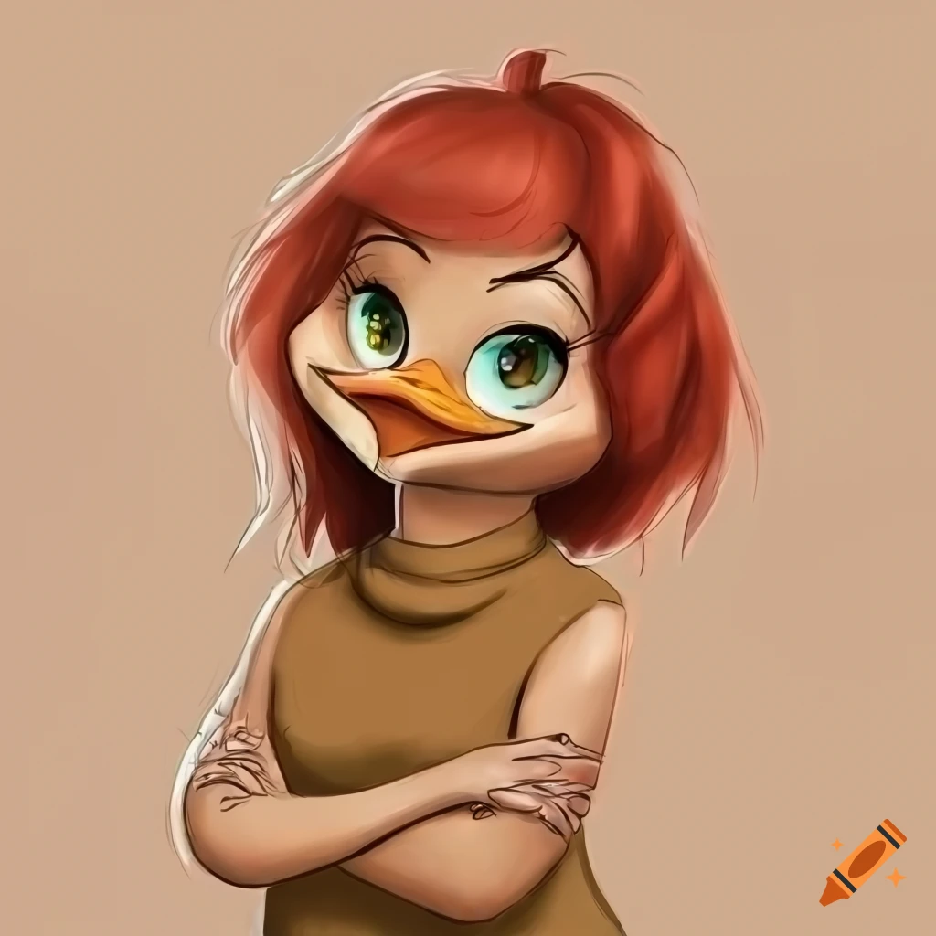 Chubby anthropomorphic duck girl with red hair in a tan turtleneck on ...