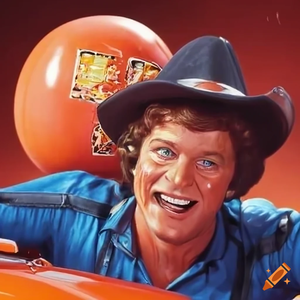 Bo and Luke Duke in the General Lee car with gumball machine on Craiyon