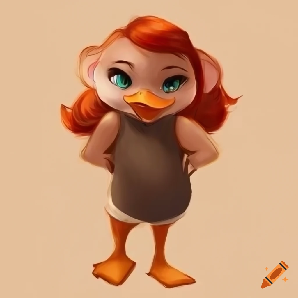 Chubby anthropomorphic duck girl with red hair and green eyes in Disney ...