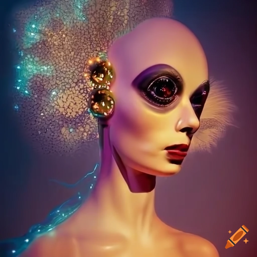 Surrealist aliens inside an asymetric organic spaceship with vintage ...