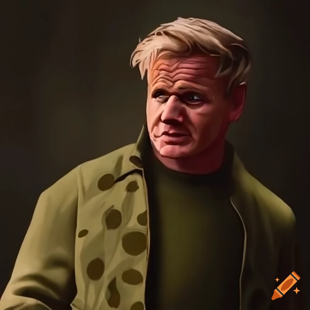 Gordon ramsay in energetic pose wearing a stylish vintage jacket on Craiyon