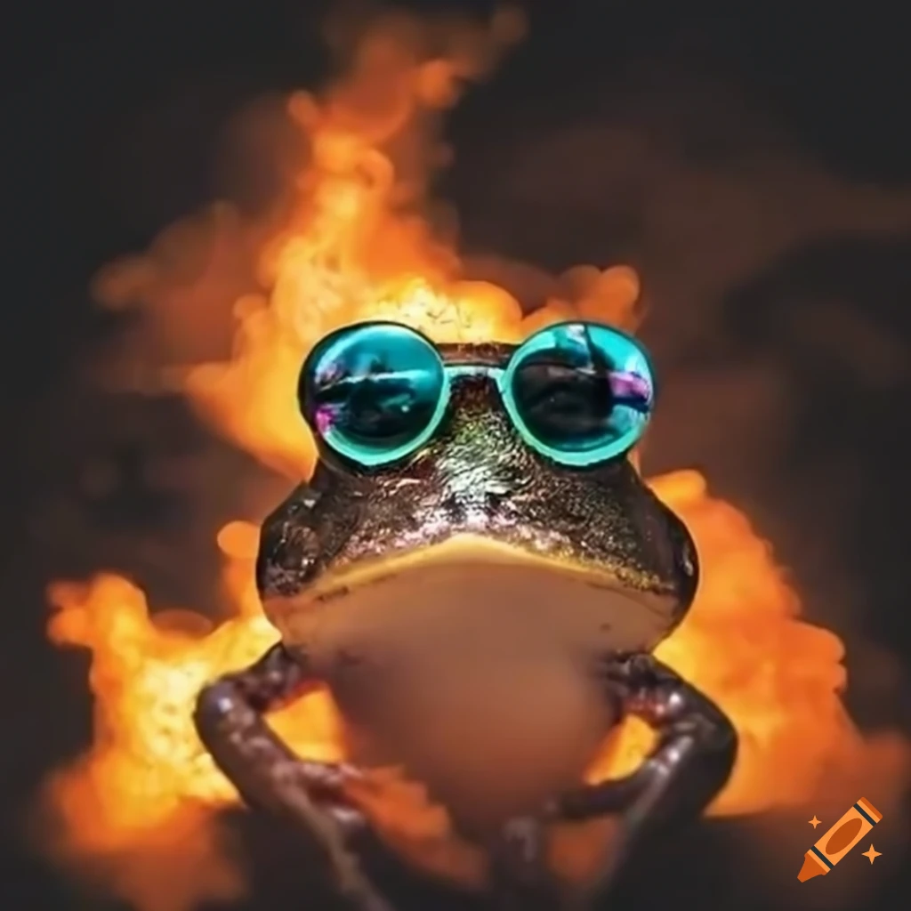 Cool frog shooting with fiery explosion behind, wearing sunglasses on ...