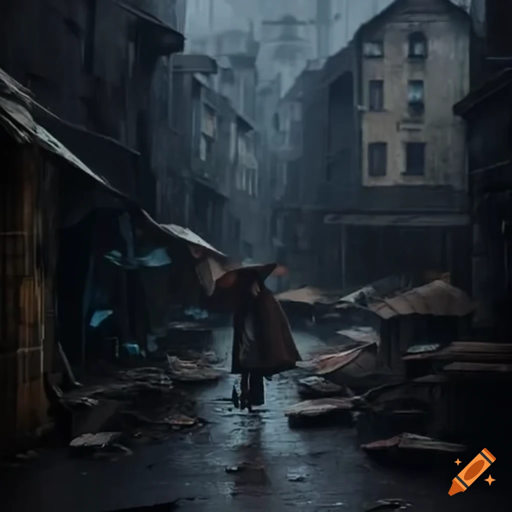 Walking through crowded medieval poverty slums in the rain on Craiyon