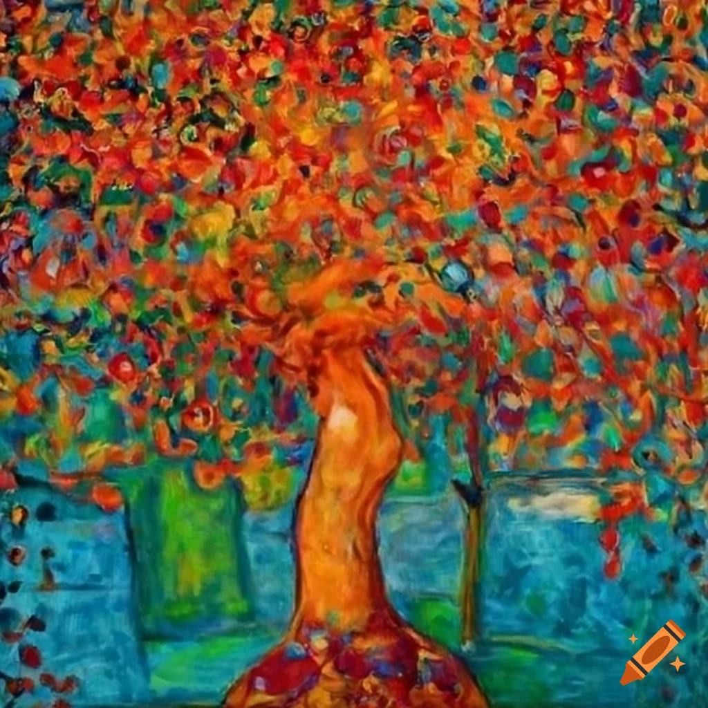 Intricately detailed art nouveau tree with vibrant blooming flowers in ...