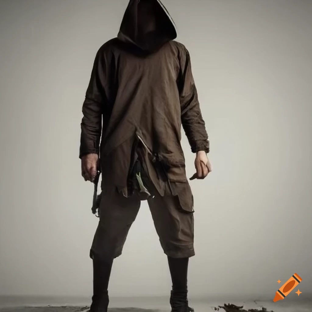 Man in post-apocalyptic scene with hood and arms to the side on Craiyon