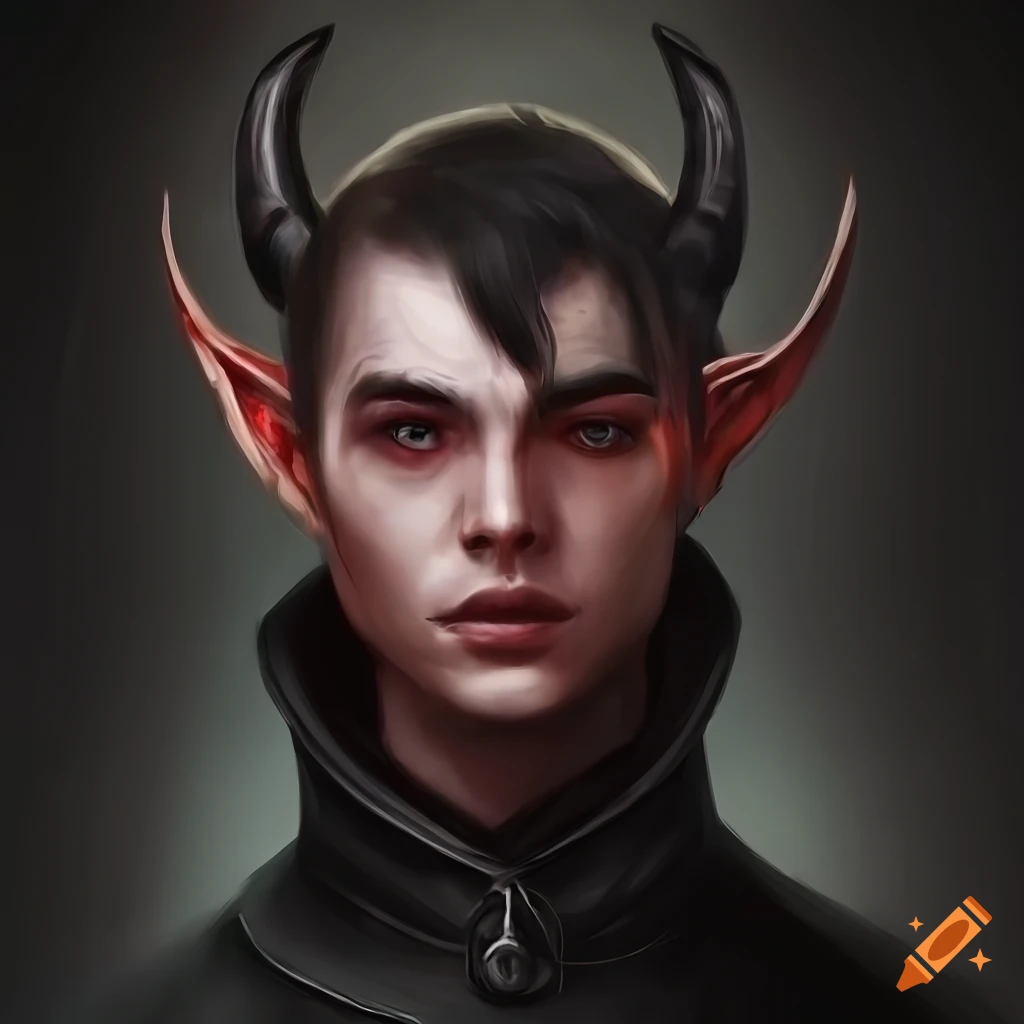 Detailed 4k portrait of short-haired young male devil with black horns ...