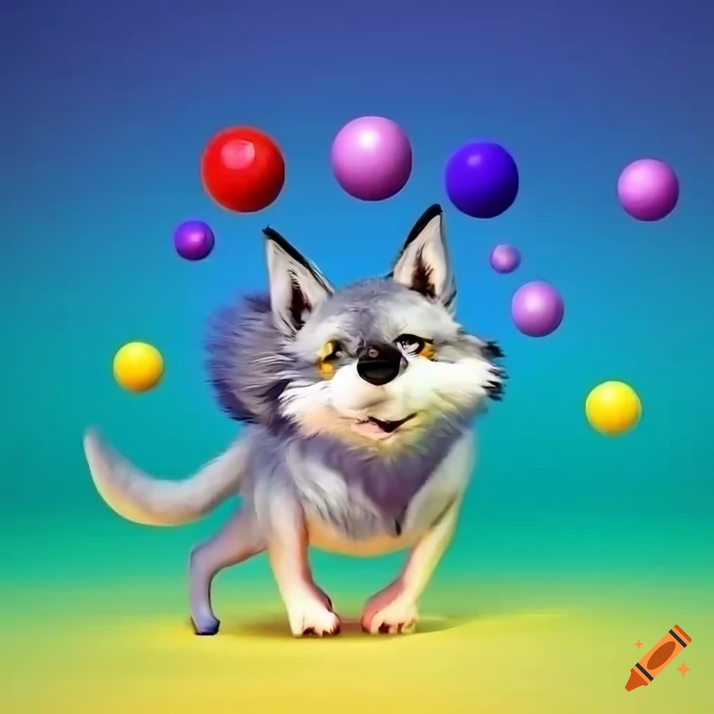 Playful wolves throwing colorful dodgeballs in a whimsical setting on ...