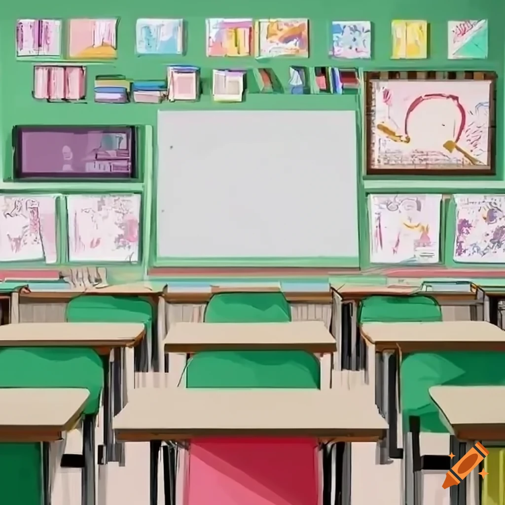 Anime-style empty classroom with colorful desks, chalkboards, and ...