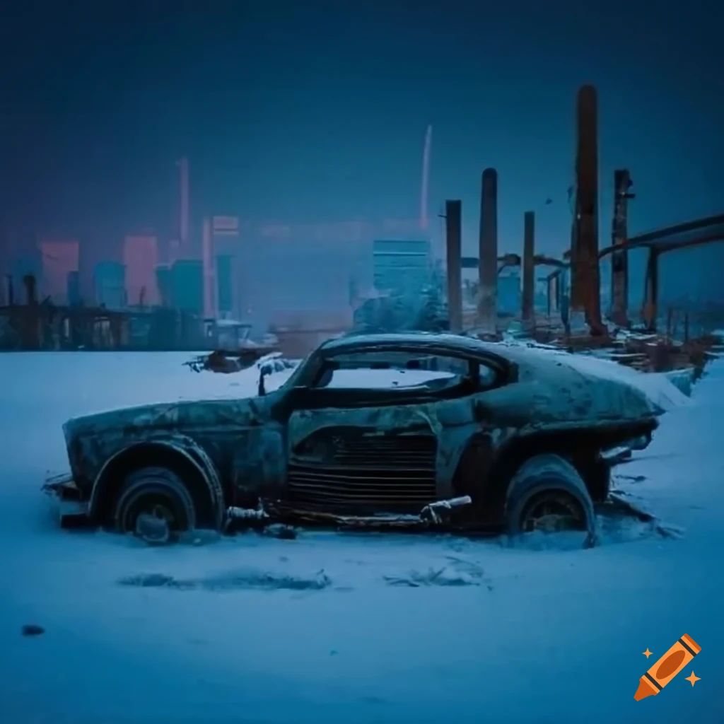 Rusted sports car in a snowy city ruins at dawn on Craiyon