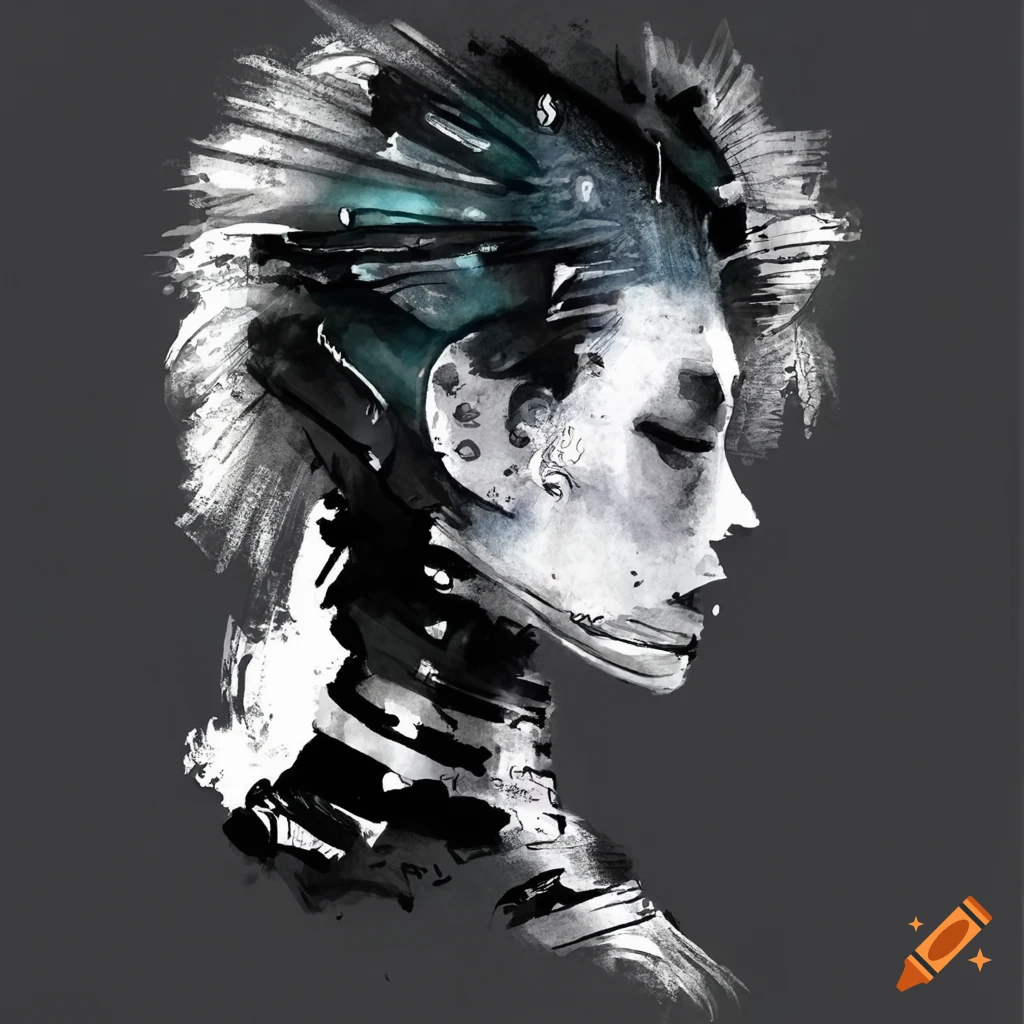 Dynamic young male cyborg with high-tech patterns in a watercolor black ...