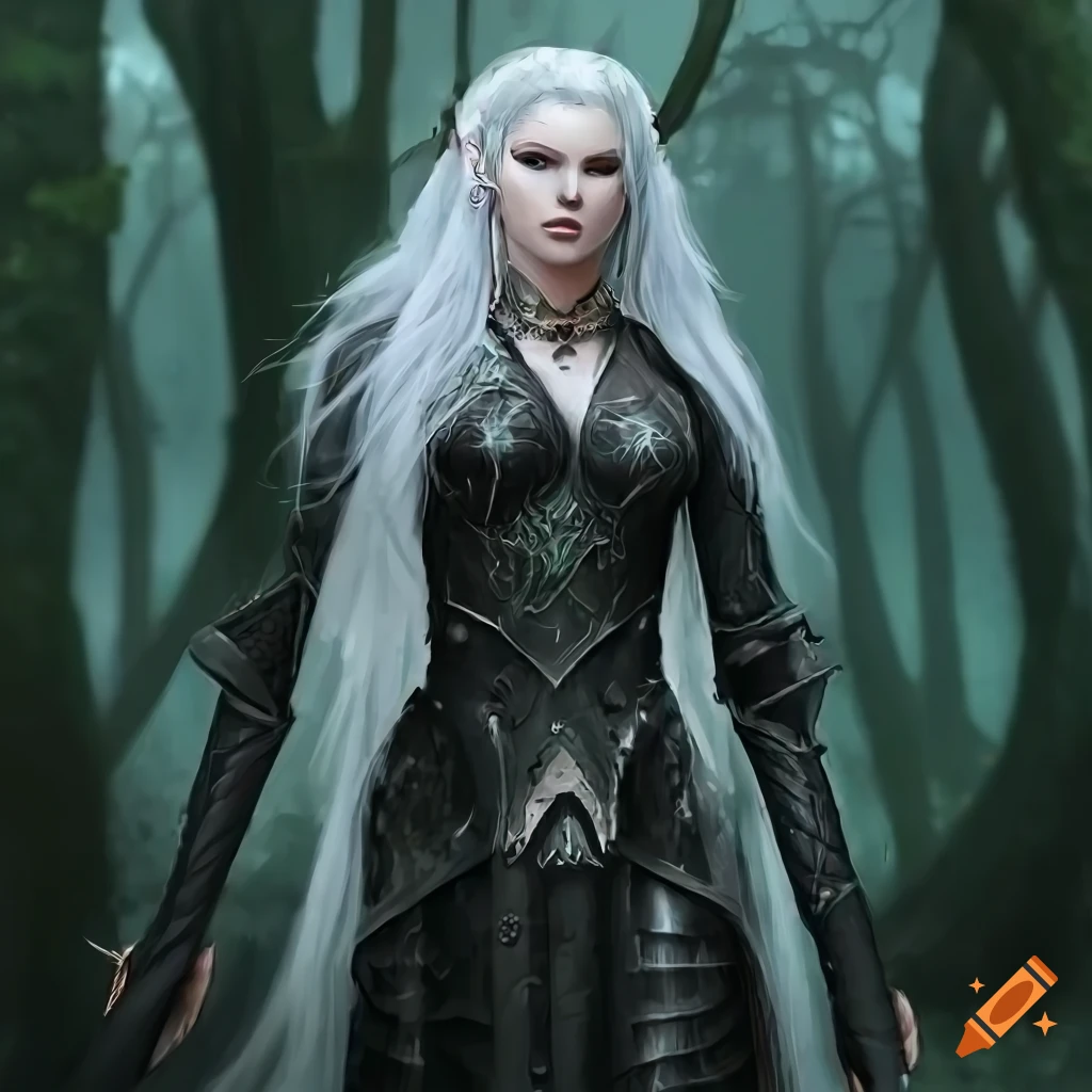 Beautiful elven woman with white hair and black lips in detailed ...