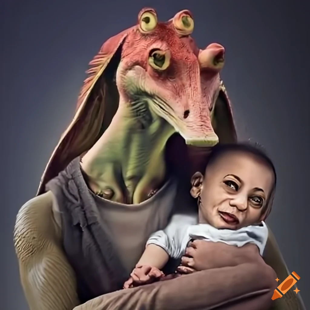 Jar Jar Binks holding a baby with Kamala Harris's face on Craiyon