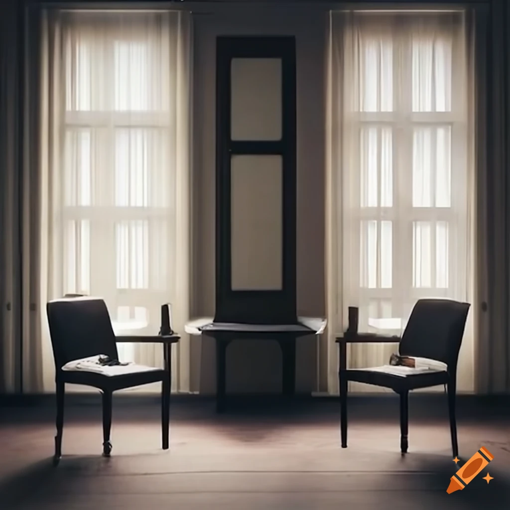 Documentary interview room with a formal chair and window on Craiyon