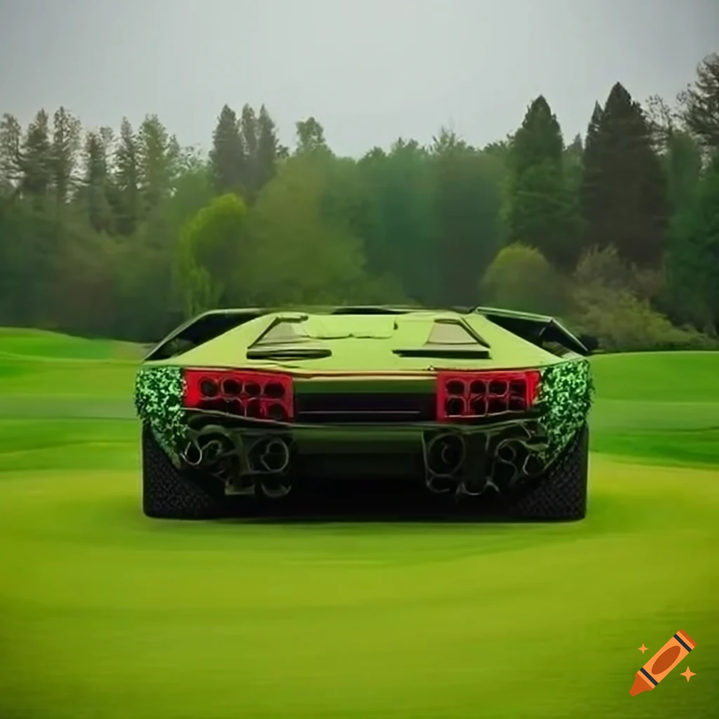 Bush-covered lamborghini with golf holes on a golf course for a ...