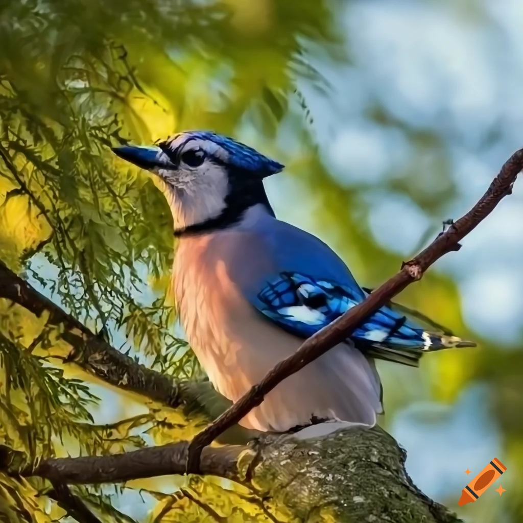 Blue jay perched in green tree during soft sunset on Craiyon