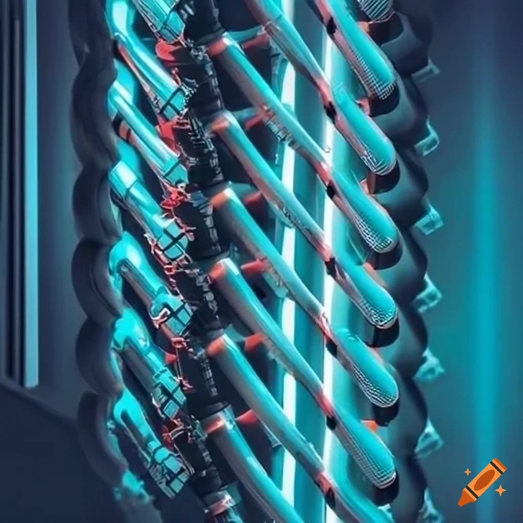 Modern pipes and electricity cables installations on hexagon corridor ...