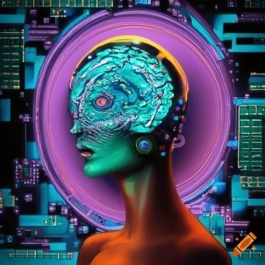 70s sci-fi organic machine art with brain circuit board by Akira ...