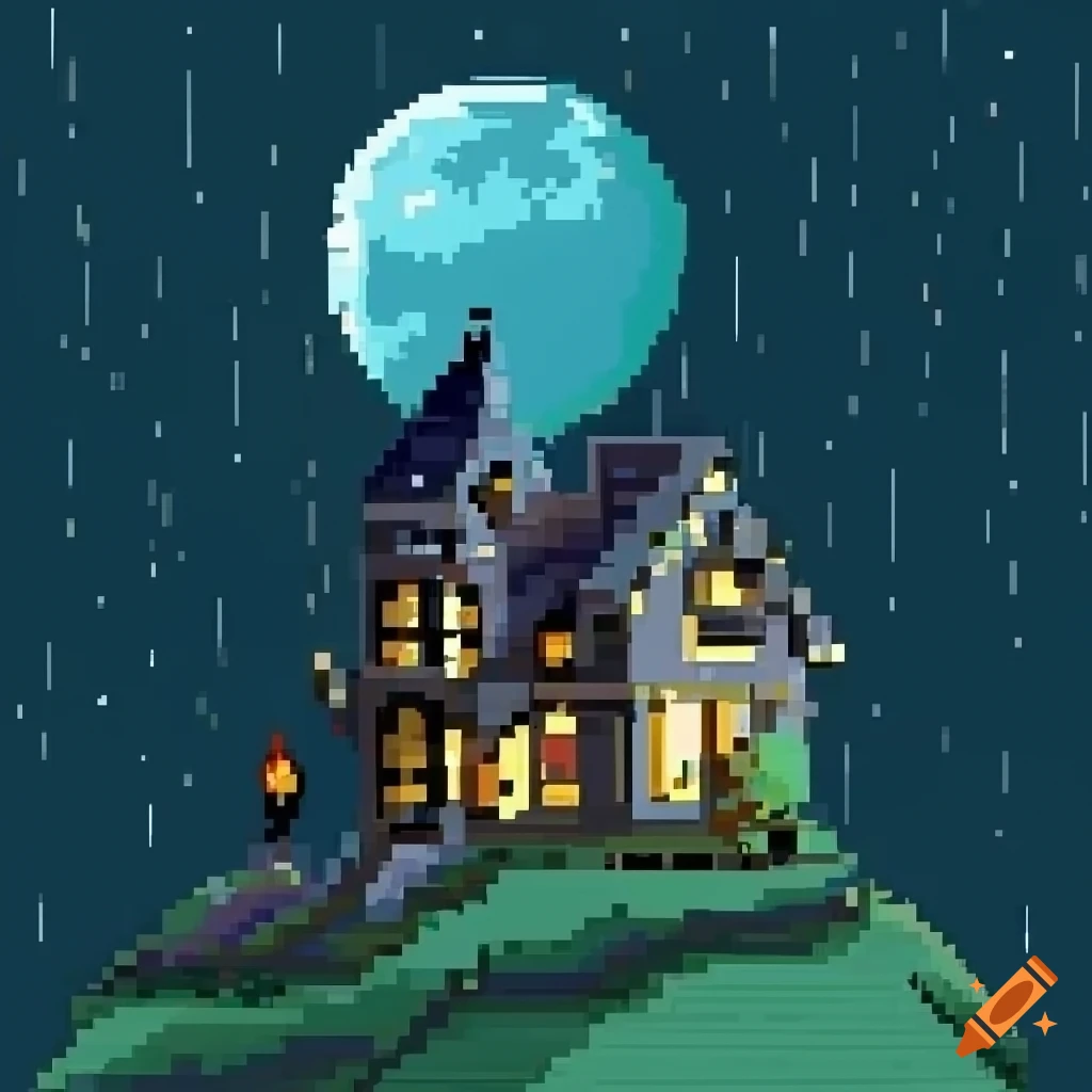Haunted house on hill with moon in the rain in pixel art style on Craiyon