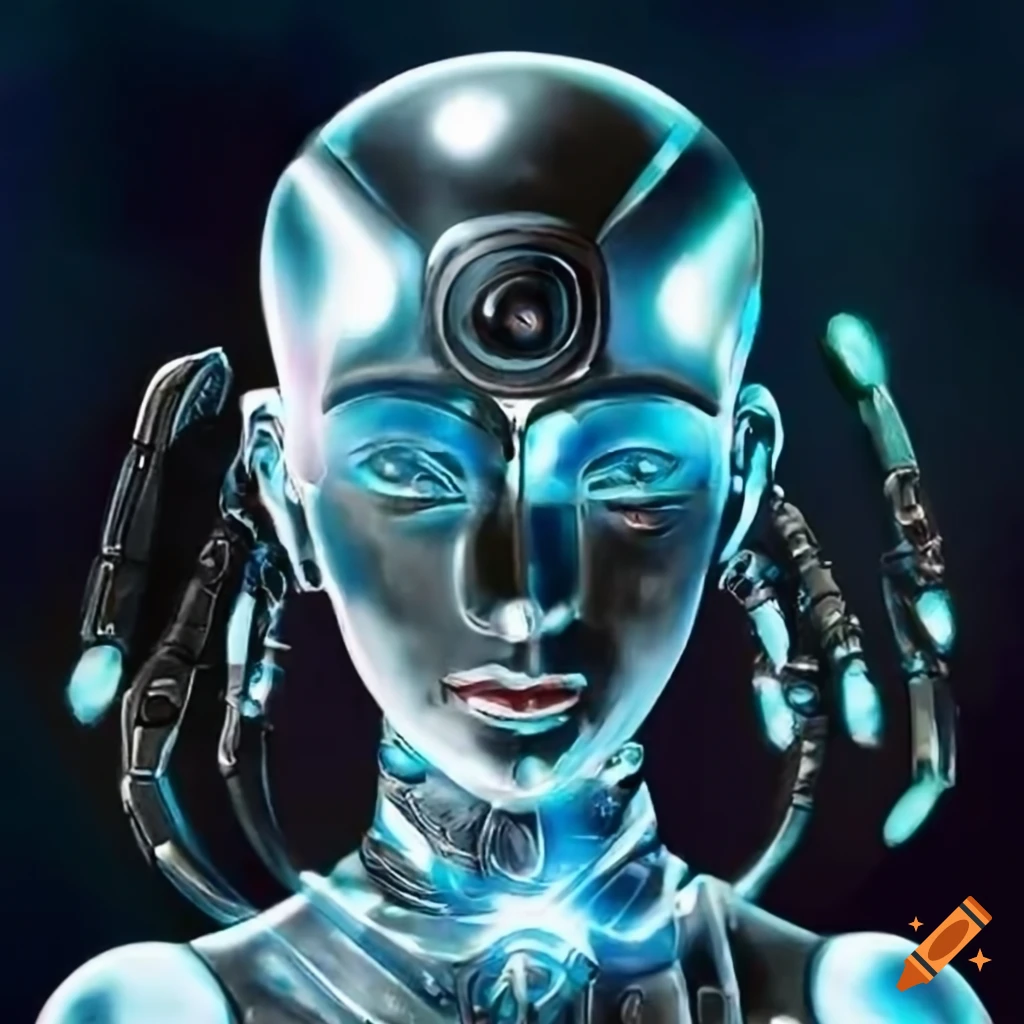 AI Goddess Robot Genesis with C.O.N.S.O.R.T. showing love on Craiyon