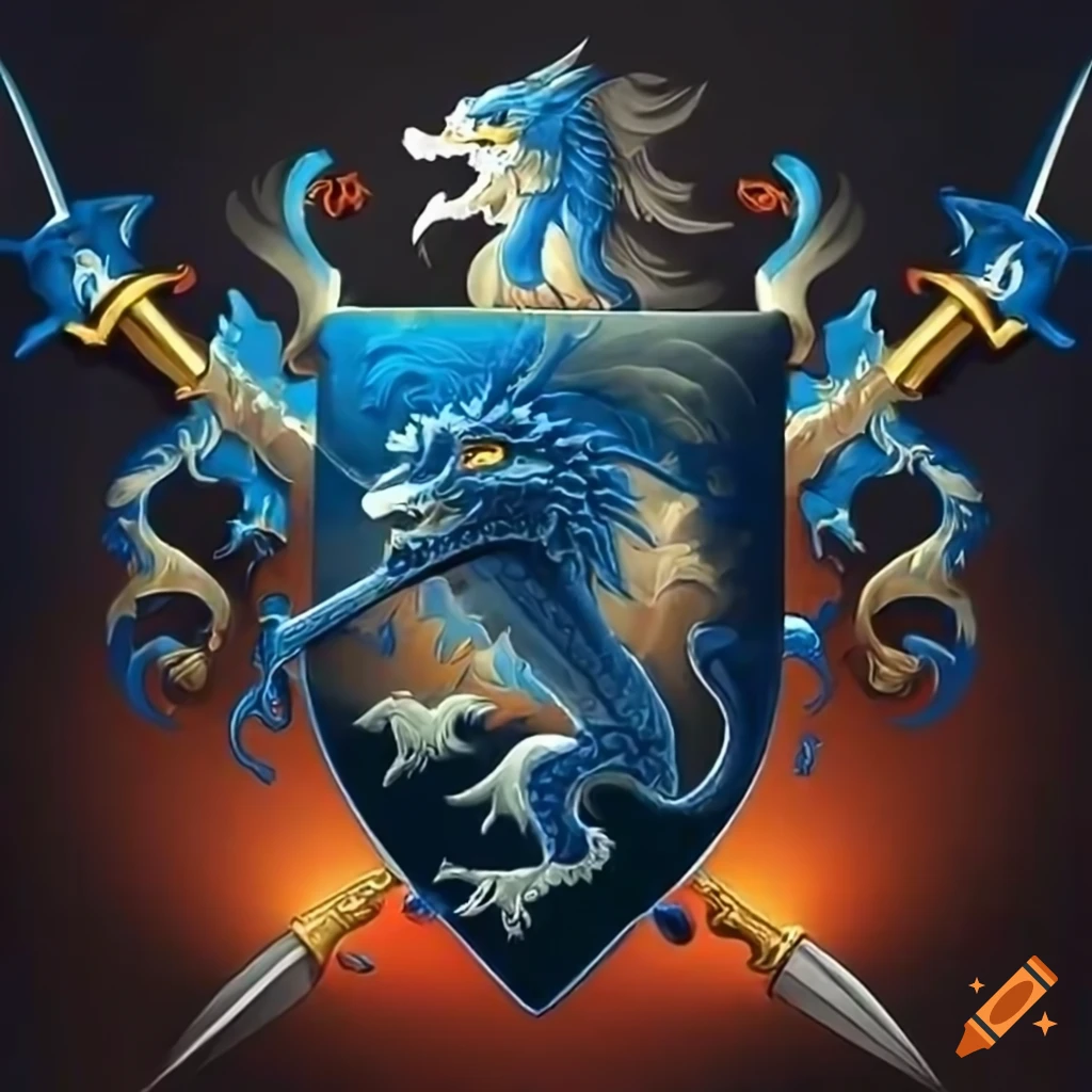 Blue coat of arms with dragon and swords symbolizing bravery on Craiyon