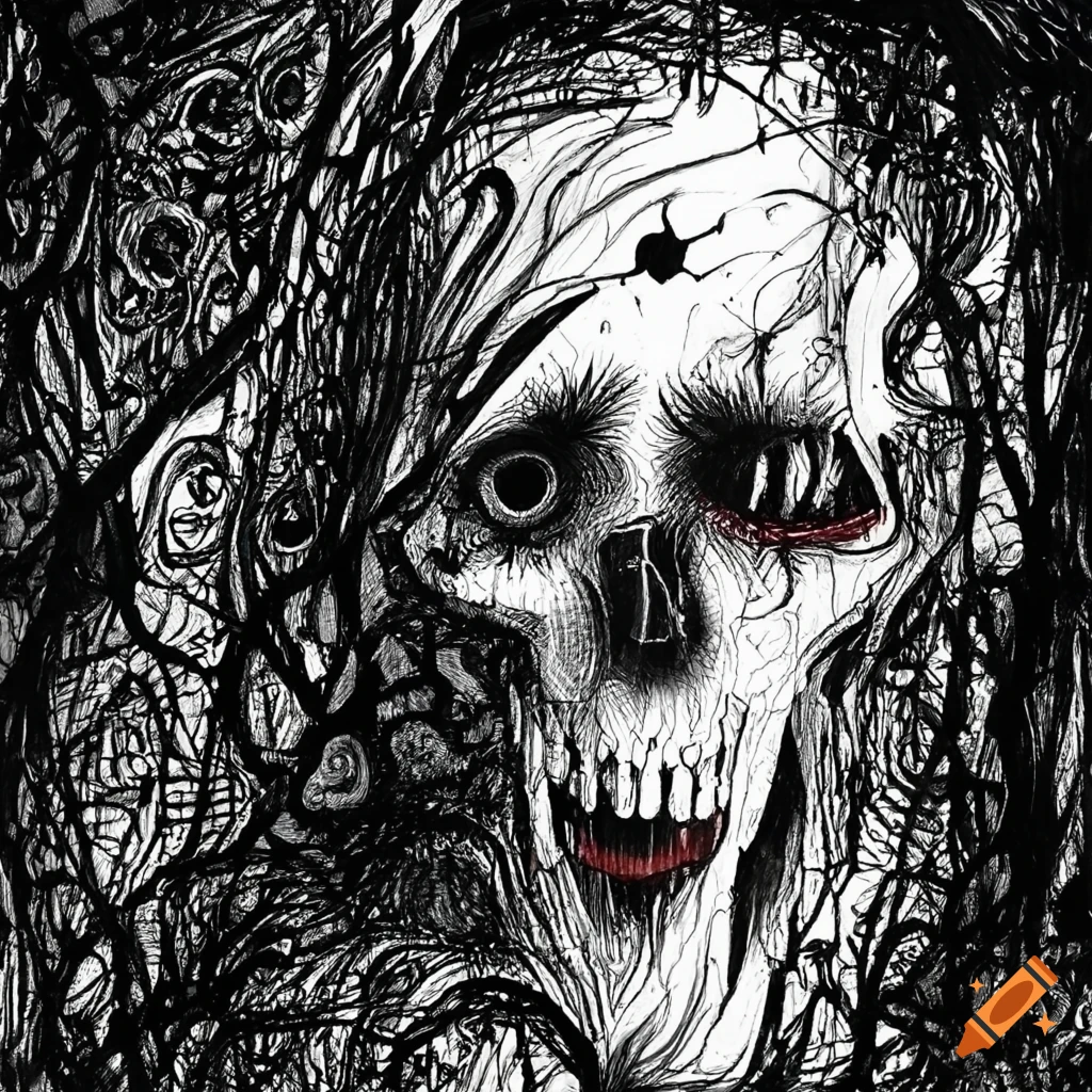 Intricate black, red, and white ink drawing of a creepy tormented ghost ...