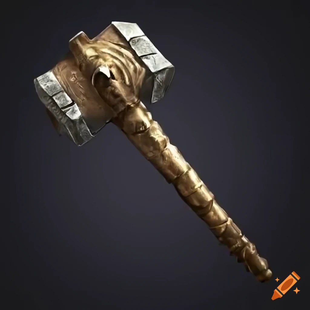 Powerful battle-worn hammer emitting divine heat and energy in bronze and brass with a red jewel ...