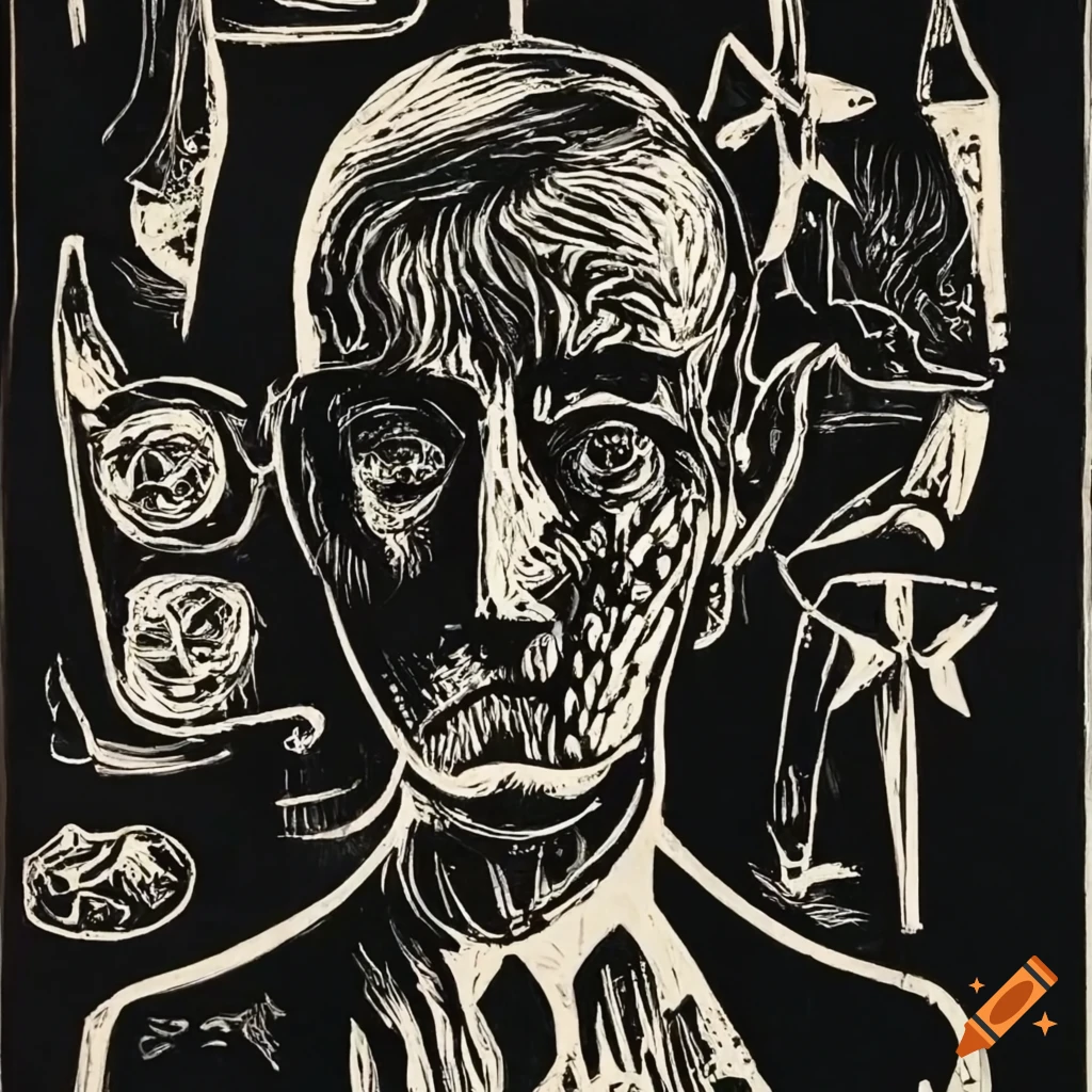 Lino print of men surrounded by mysterious objects in a surreal max ...