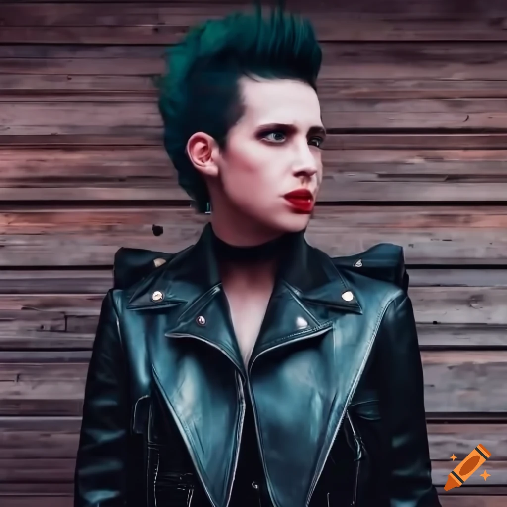 Punk rocker woman with mohawk hairstyle standing in a barn doorway on ...