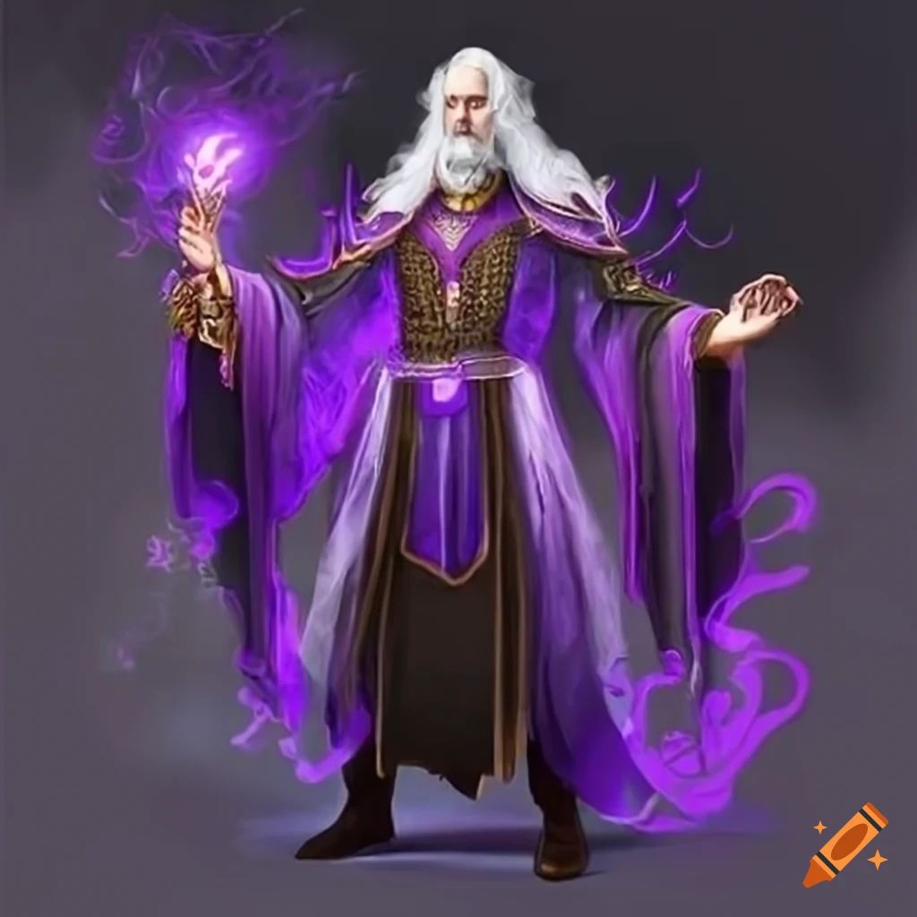 Powerful wizard with a white beard and purple aura on Craiyon