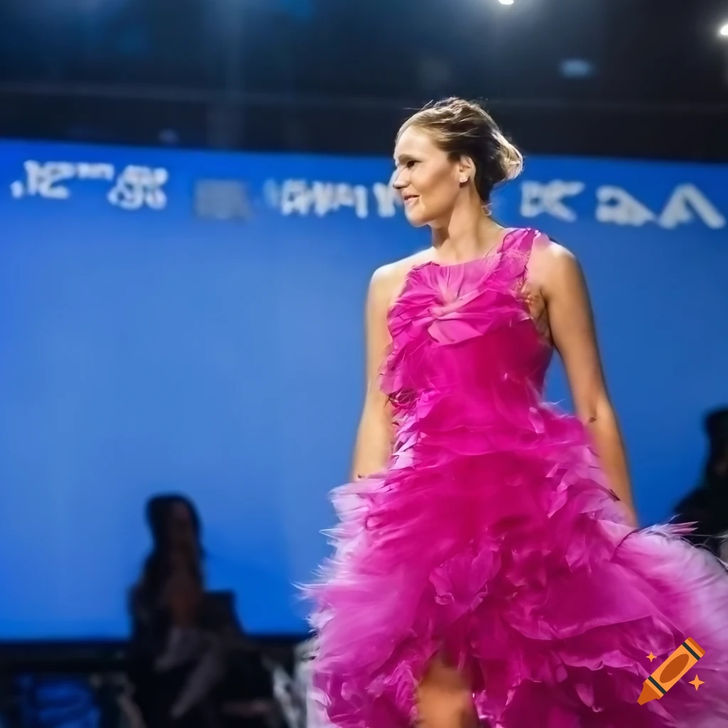 Woman in modern pink feather dress on a catwalk on Craiyon