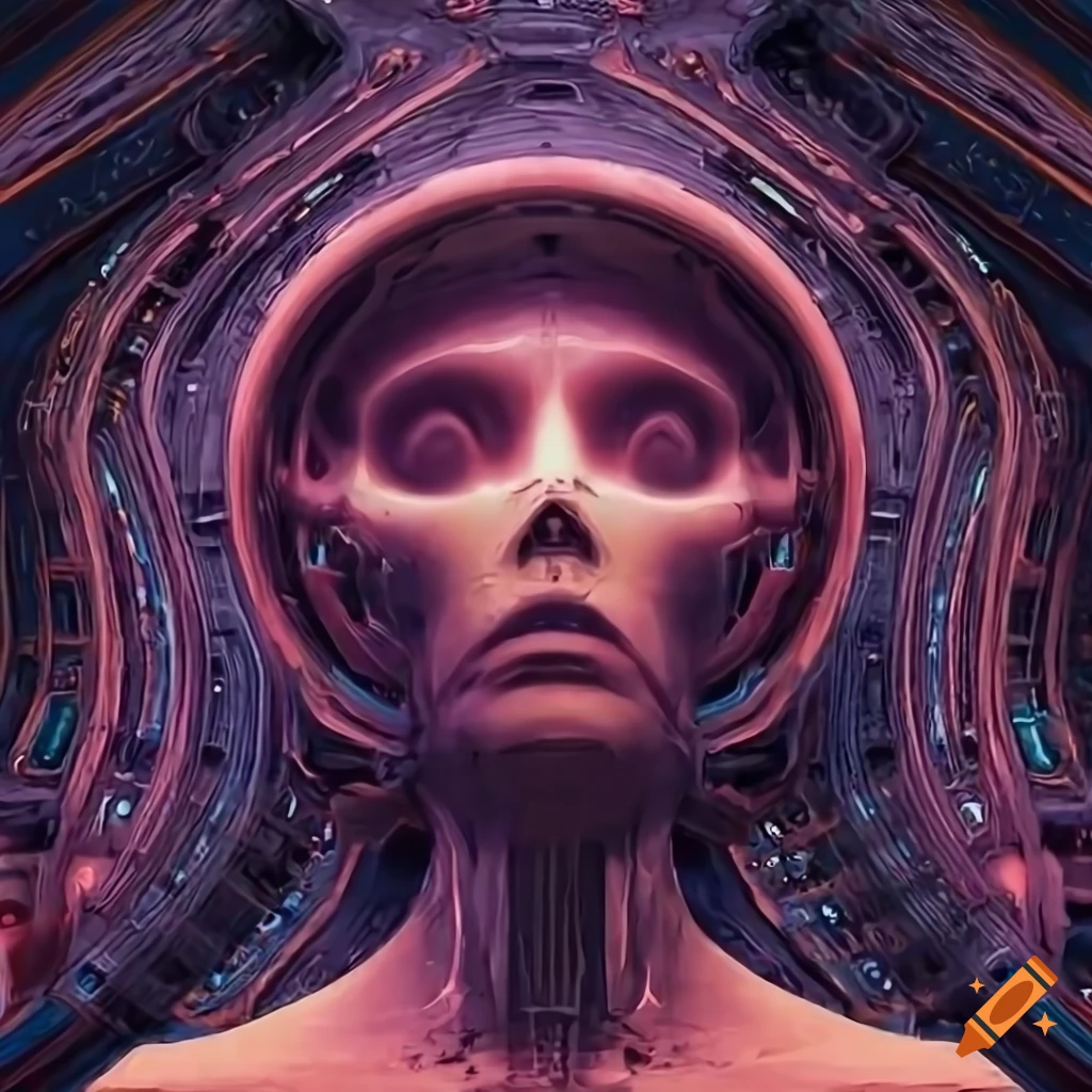 Surrealist aliens exploring an asymmetrical organic spaceship with ...