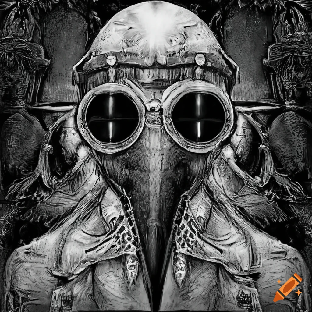 Intriguing AI entity in a gothic plague mask with futuristic metals on ...