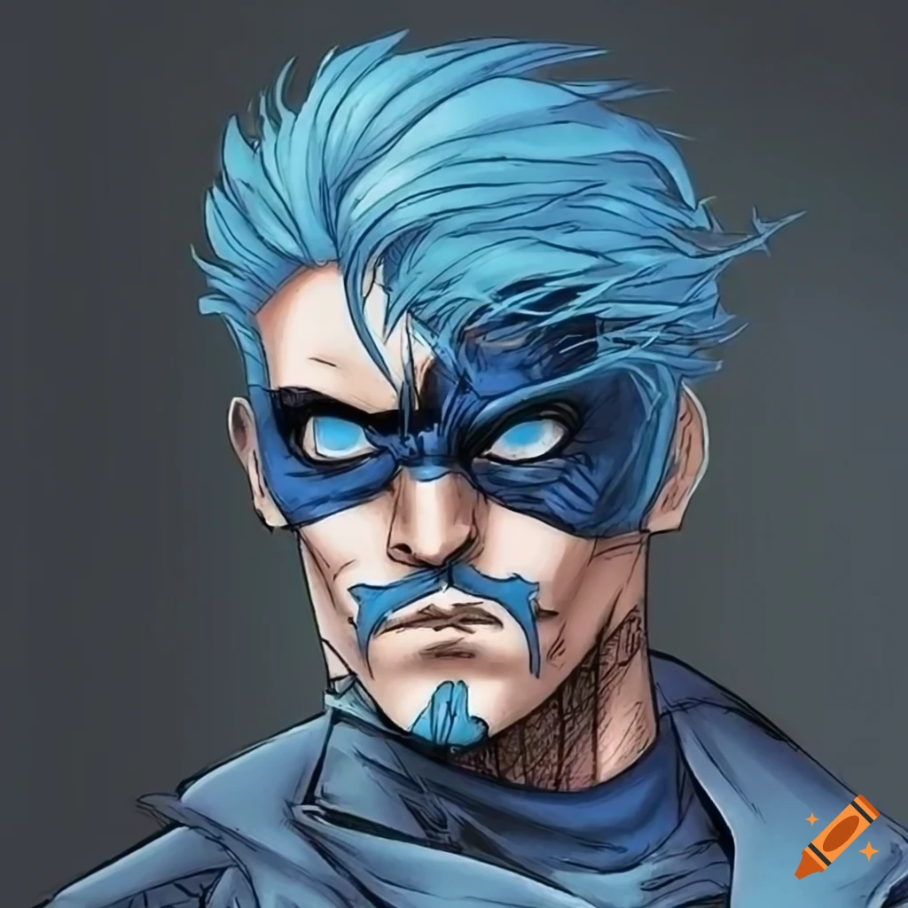Man with blue hair, goatee, and eyes wearing a Robin mask in comic book ...