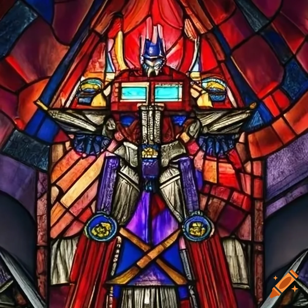 Stained glass window of Optimus Prime dressed as a Catholic patron ...
