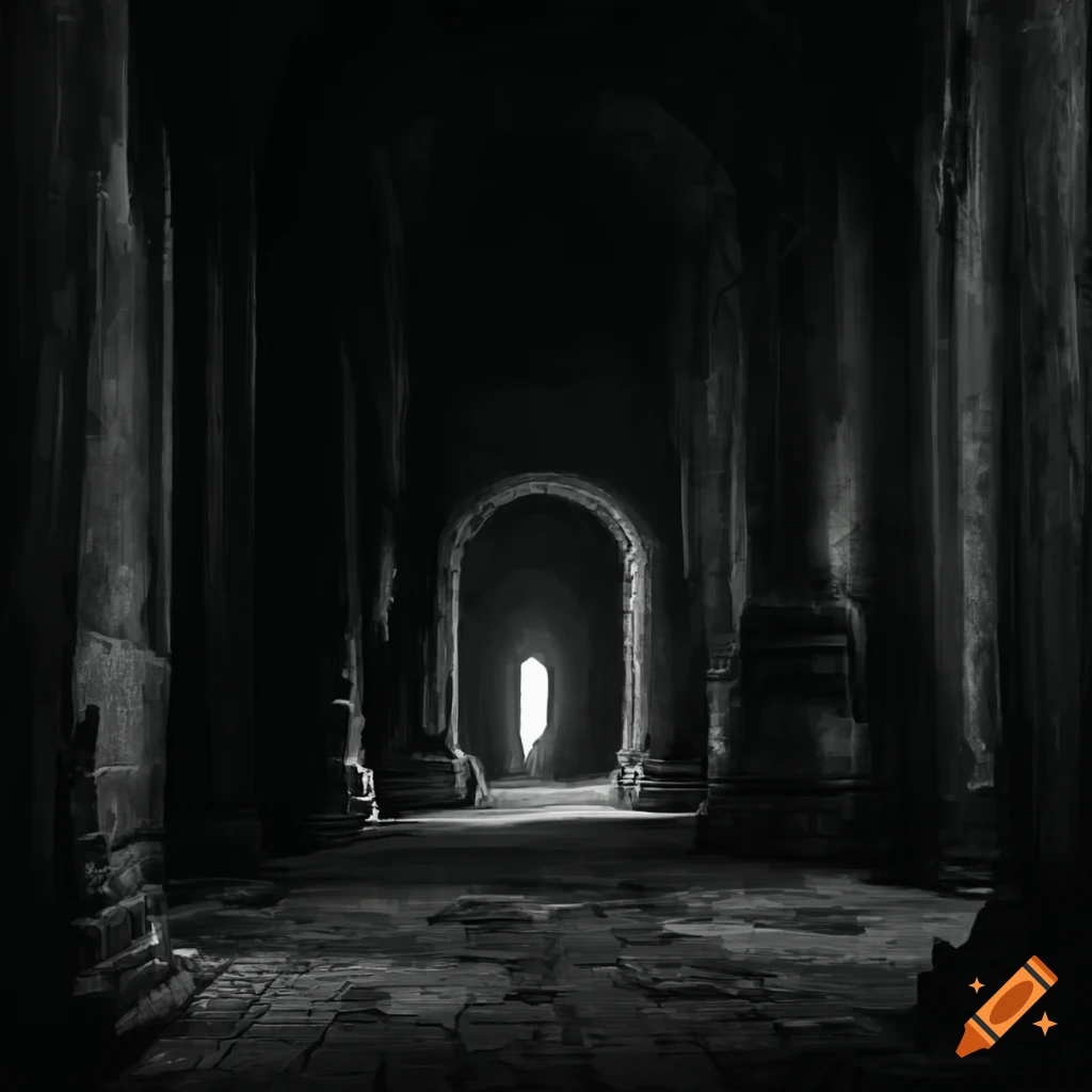 Android walking in dark ancient ruins in black and white on Craiyon