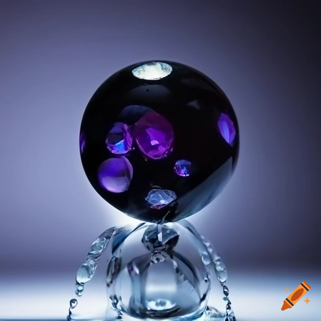 Crystal sphere with purple dewdrops in silver and black on Craiyon