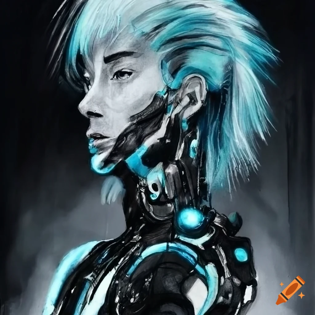 Shimmering high-tech male cyborg inspired by amano and otomo in black ...