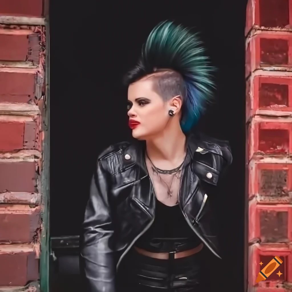 English punk rocker woman with mohawk hairstyle in a black leather ...