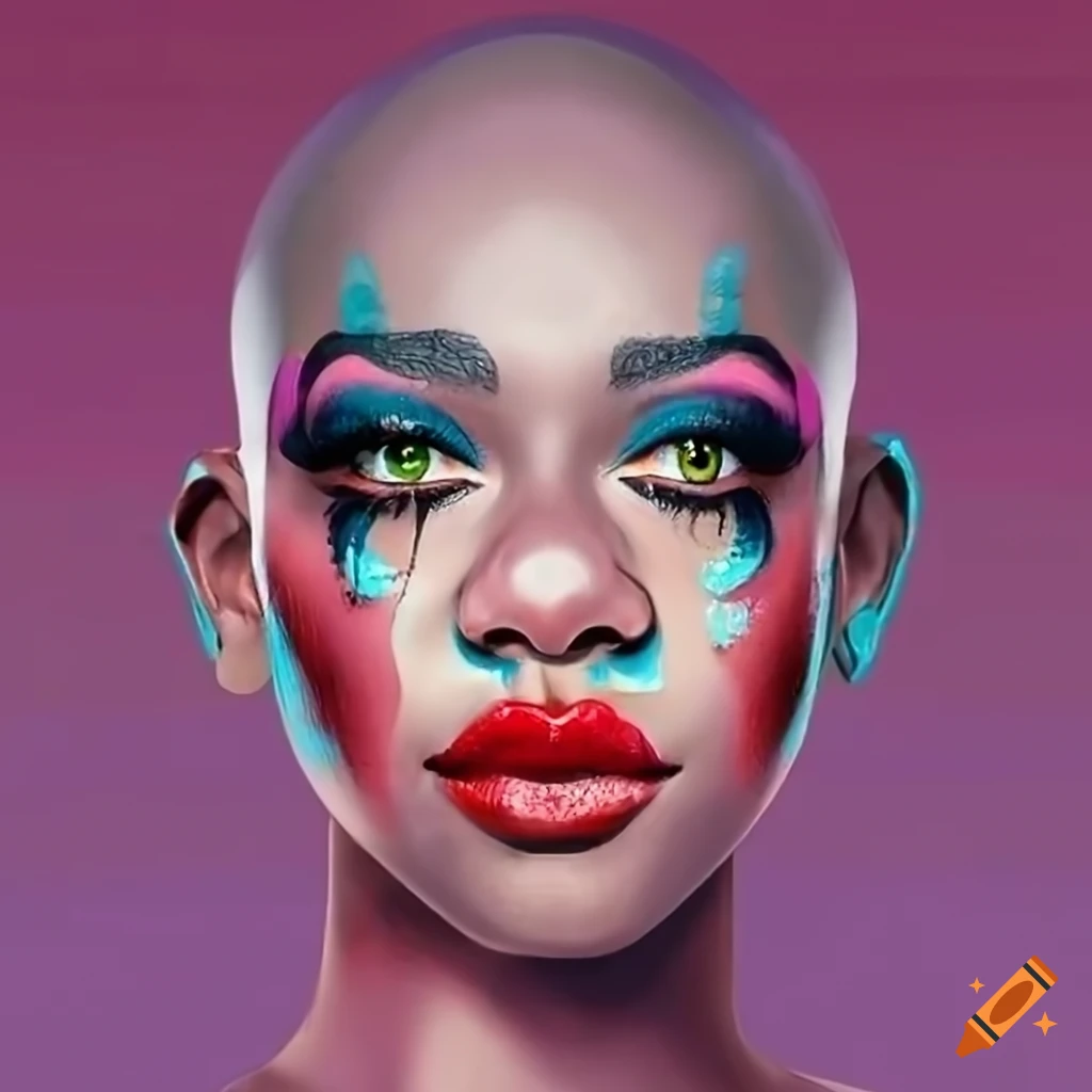 African american woman with shaved hairstyle and bold clown-inspired ...