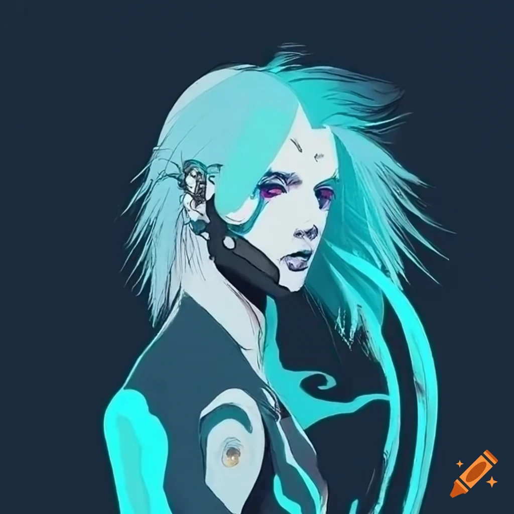 Shimmering high-tech male cyborg in black ink inspired by yoshitaka ...