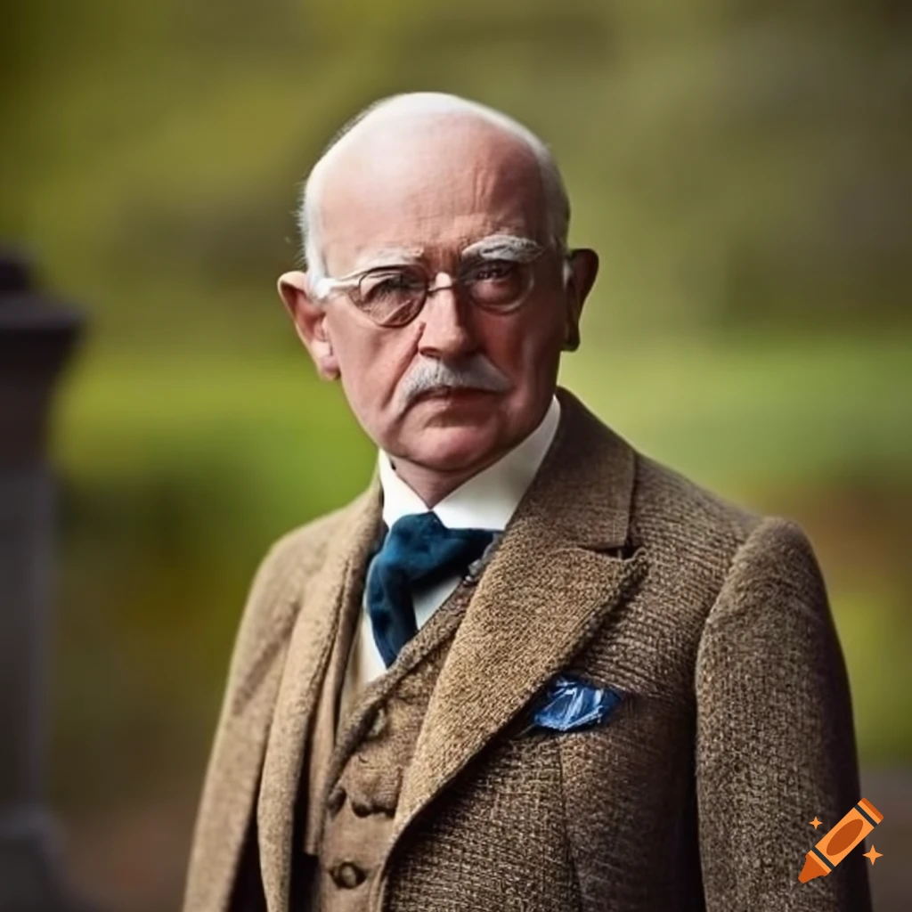 Distinguished colonel in 1930s attire standing in a manor garden on Craiyon