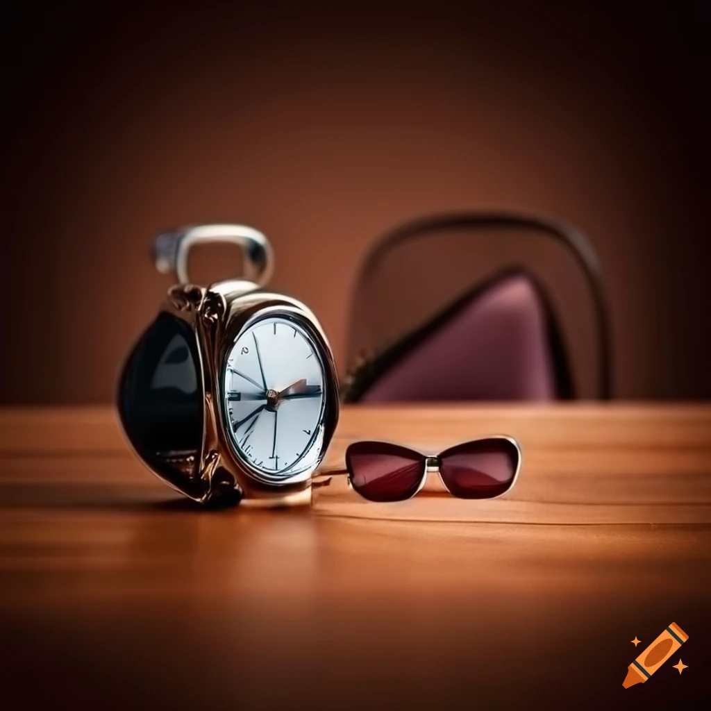 Collection of luxury watches and sunglasses on wooden table on Craiyon