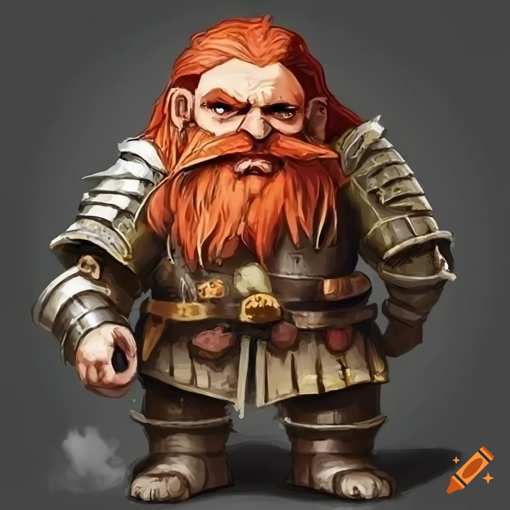 Medieval alchemist dwarf with golden eyes and red beard in full metal ...