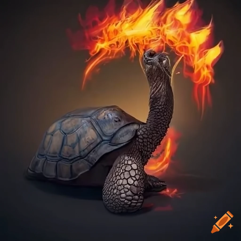 Giant tortoise spewing fire in a mythical dragon-like manner on Craiyon