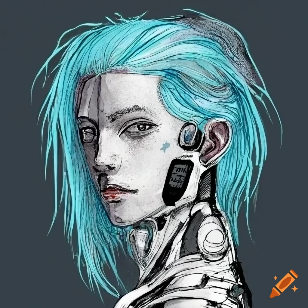 Young male cyborg in high-tech bodysuit with light cyan hair in a ...