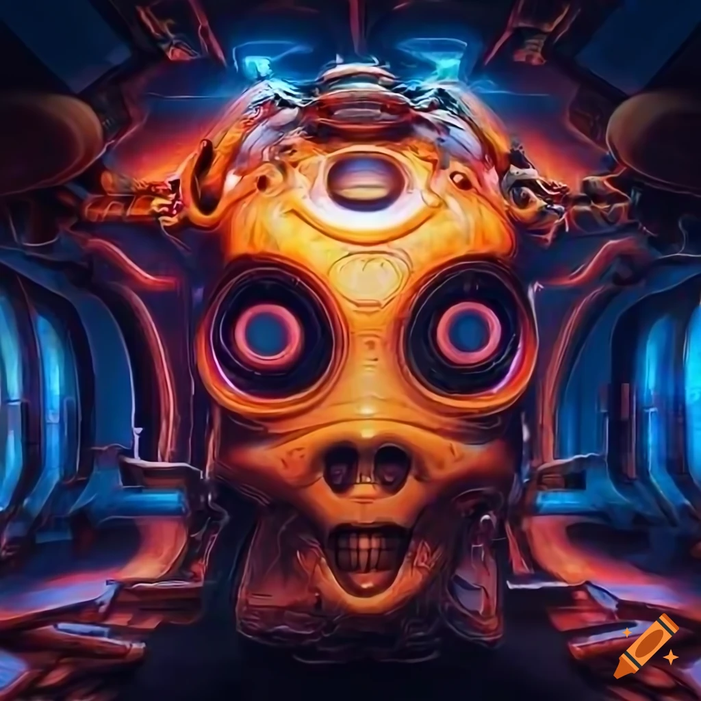 Surrealist organic spaceship with alien machines and light boards in ...