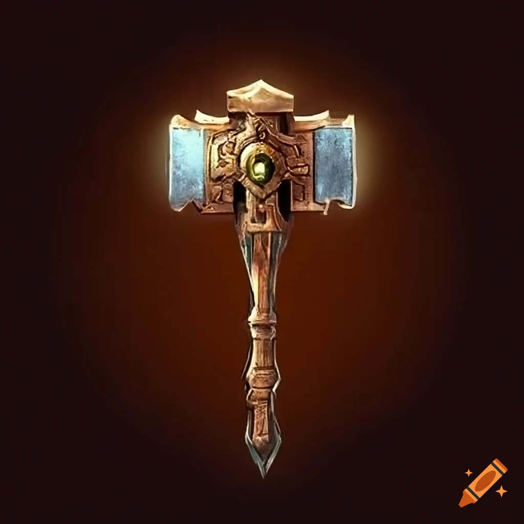 Powerful battle-worn hammer emitting divine heat and energy in bronze ...