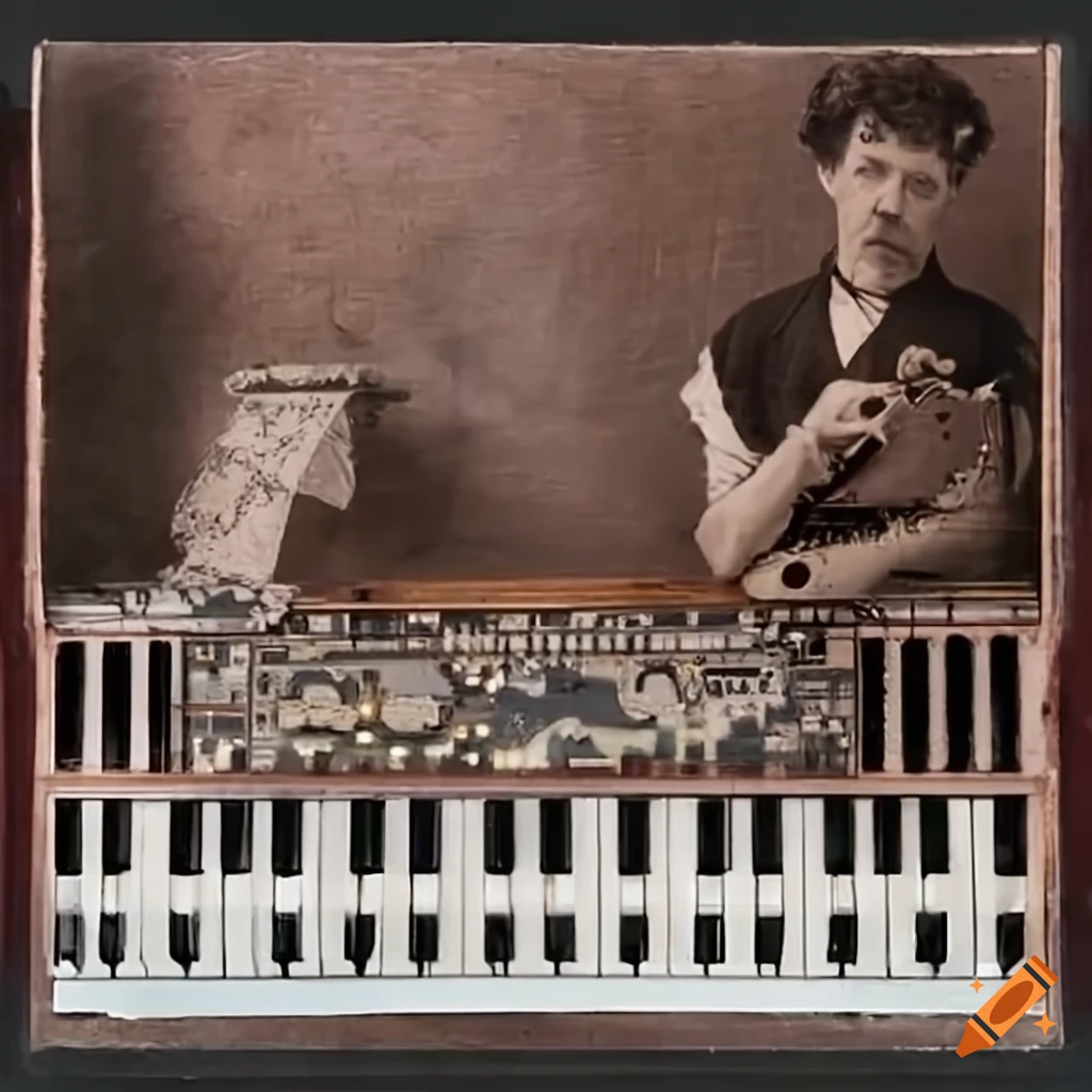 Outsider musician playing a synthesizer made of cow skin in a retro ...