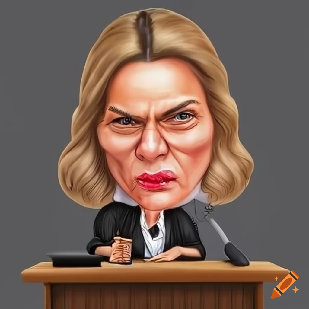 Caricature of a very angry female judge giving a verdict on Craiyon